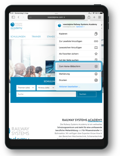 Die Railway Systems Academy ist per Shortcut immer auf Ihren iPhone und iPad mit dabei ...